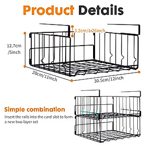 Hanging Under Shelf Storage Basket, 4 Pack Foldable Under Cabinet Metal Desk Storage Wire Rack Organizer for Kitchen Pantry Bookshelf Office Home, Easy to Install Slide-in Under Shelves (Black)