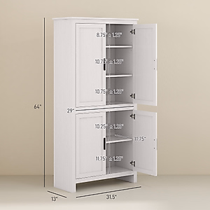 HOMCOM 64" Kitchen Pantry Cabinet, Freestanding Storage Cabinet with 4 Doors and 3 Adjustable Shelves for Dining Room, White
