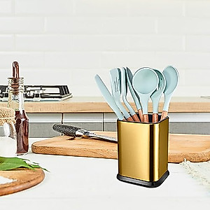 RedCall Stainless Steel Kitchen Utensil Holder for Countertop, Spoon Spatula Organizer,Modern Rectangular Large Cooking Utensil Caddy Counter,Utensil Crock (Stainless Steel Gold)