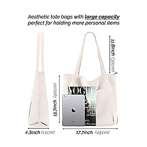 Prite Corduroy Tote Bag for Women Large Shoulder Bag with Zipper and Pockets for College School Work Travel Shopping (Beige)