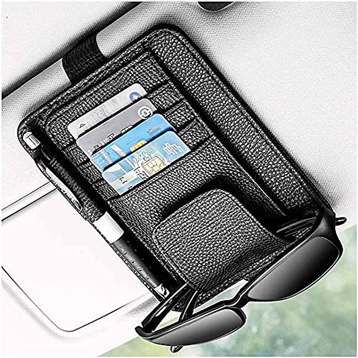 VAGURFO Car Sun Visor Organizer, Card Holder Sunglass Holder Pen Holder Cash Holder Pocket Organizer Registration Document Holder Auto Interior Accessories (Black)