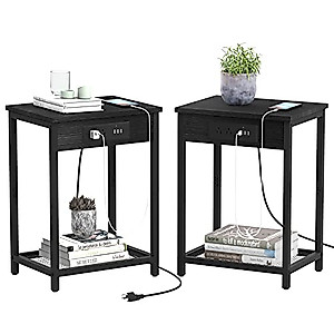 Nightstand with Charging Station Set of 2 Side End Table with USB Ports and Power Outlets 2-Tier Bedside Table for Bedroom Living Room, Modern Black