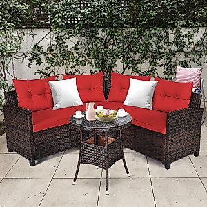 Tangkula 4-Piece Patio Furniture Set, C-Shape Outdoor Wicker Sectional Sofa Set, w/Cushions & Glass Coffee Table, Modern Deck Rattan Furniture for Garden Poolside Balcony (Red)