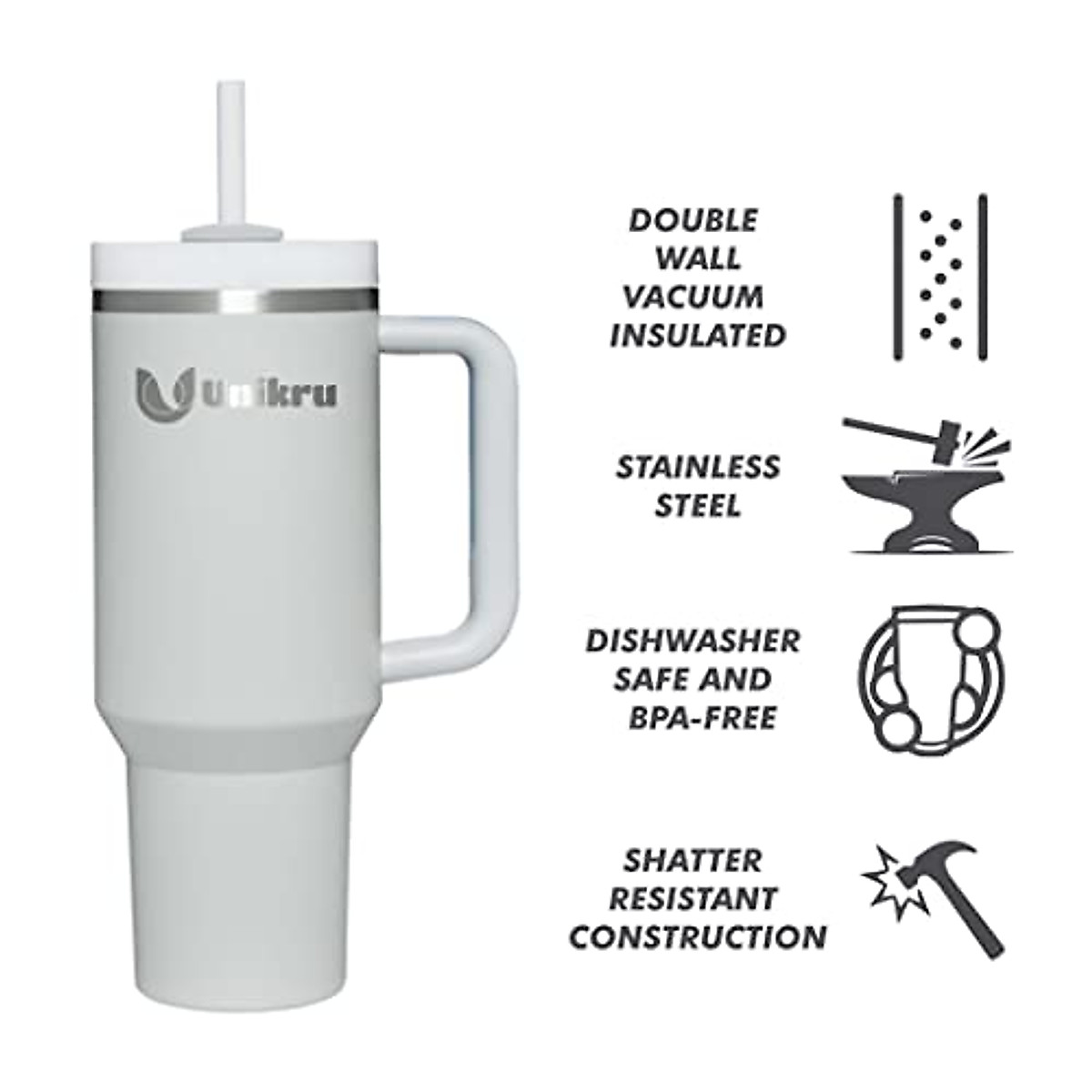 Unikru 40 oz Tumbler with Handle and Straw - Leak Proof - tumbler with straw, Eco-friendly Materials, Insuladed, Reusable (Fog) H2 Version