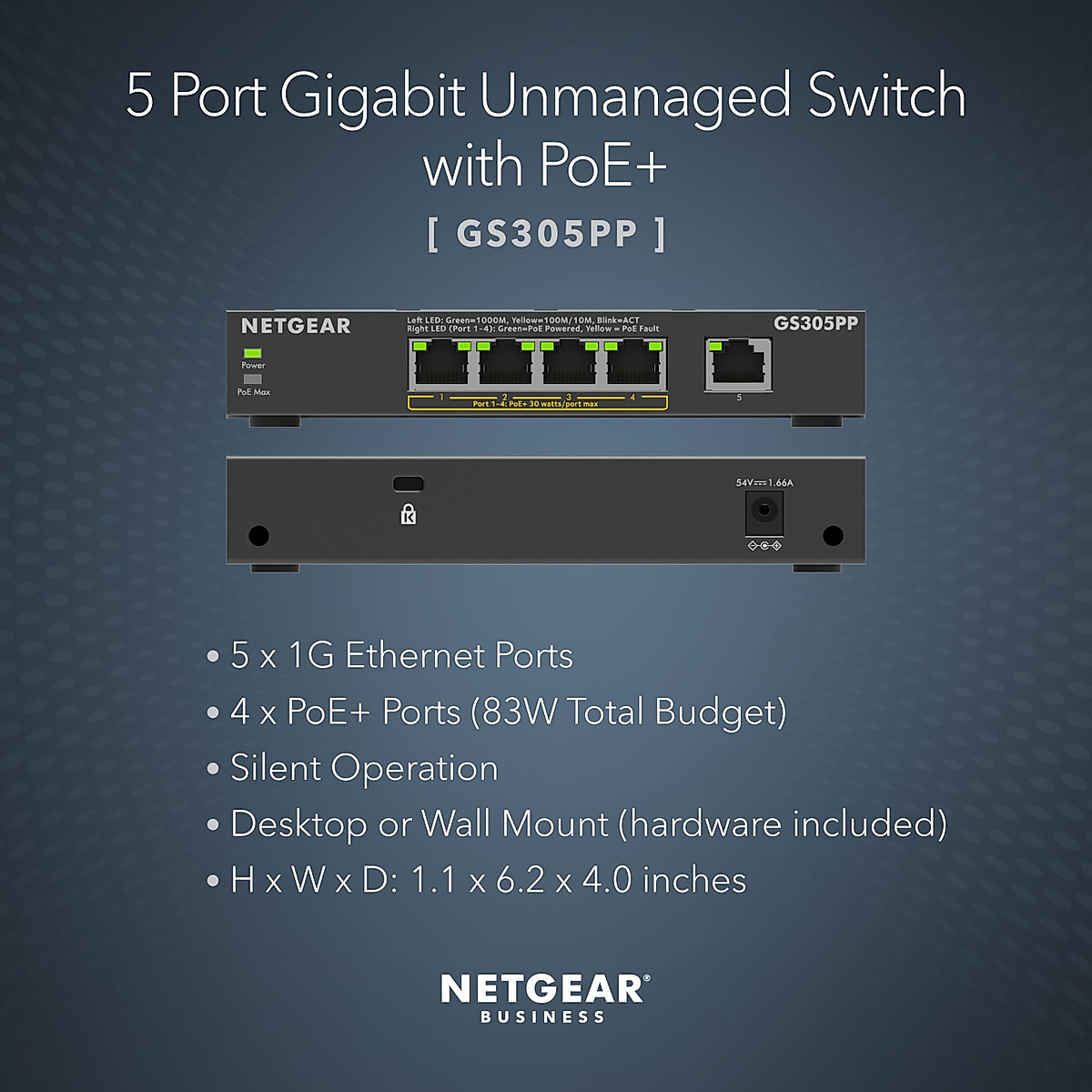 NETGEAR 5-Port Gigabit Ethernet Unmanaged PoE Switch (GS305PP) - with 4 x PoE+ @ 83W, Desktop or Wall Mount