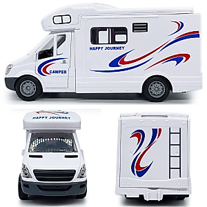 Toy Camper RV Motorhome Toys for Boys Toy Car Model Cars Recreational Vehicle Holiday Travel Adventure, Friction Powered, Roof and Doors Open, Light Sound, 3 4 5 6 Years Old Kids Girls Gifts, white