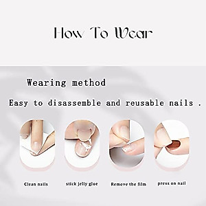 White French Tip Press on Nails Medium Coffin Fake Nails Artificial False Nails with Rhinestones Designs Full Cover Stick on Acrylic Nails Glossy Glue on Nails for Women