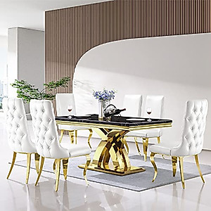 AZhome Dining Chairs, White Faux Leather Upholstered Dining Room Chairs in Button-Tufted Back, Dining Chairs with Gold Legs for Kitchen Dining Room, Set of 2