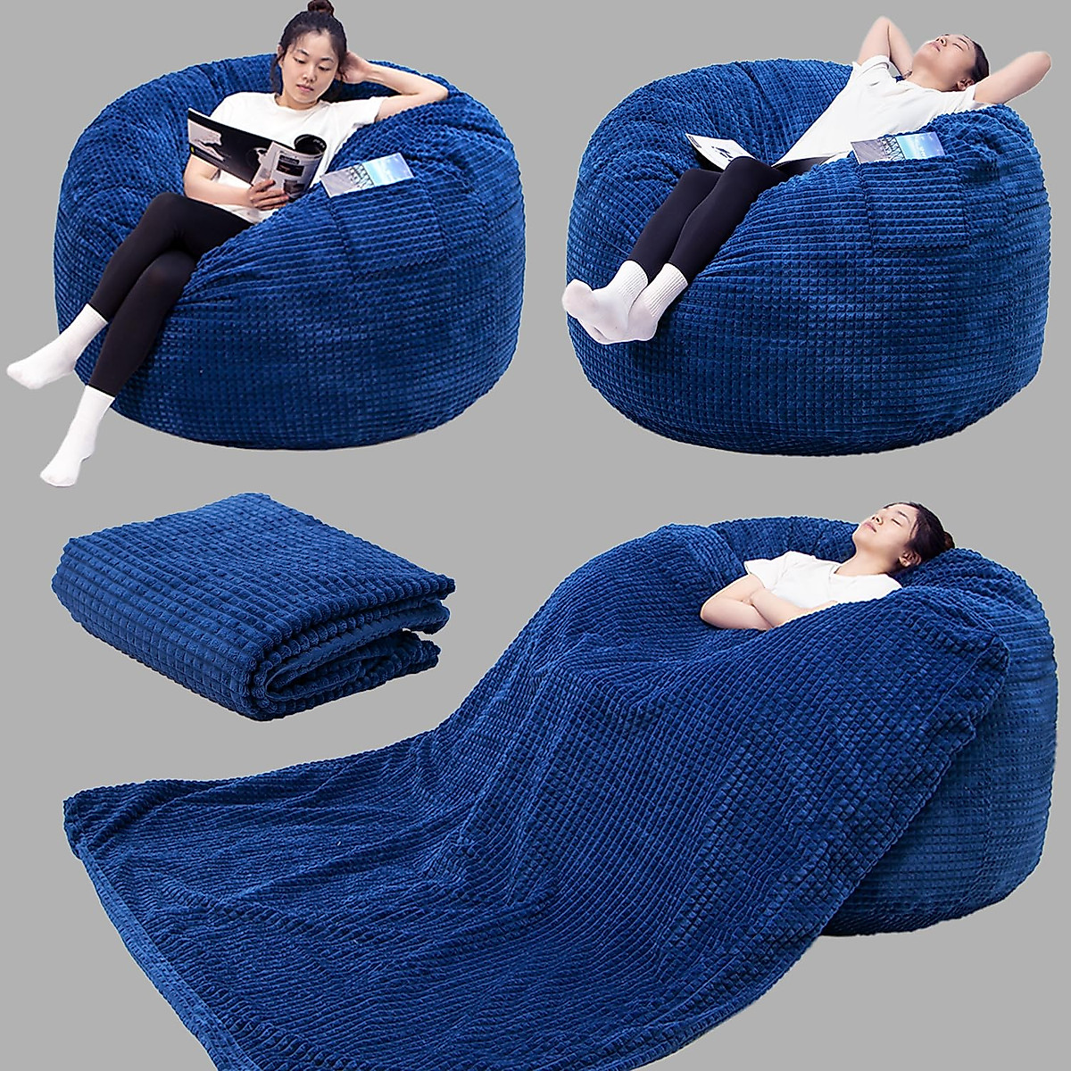 N&V Bean Bag Chair/Bed Transformable Giant with Washable Plush Velvet (Blue, Full)