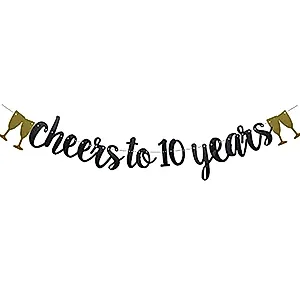 Cheers to 10 Years Banner,Pre-Strung, Black Paper Glitter Party Decorations for 10th Wedding Anniversary 10 Years Old 10th Birthday Party Supplies Letters Black Betteryanzi