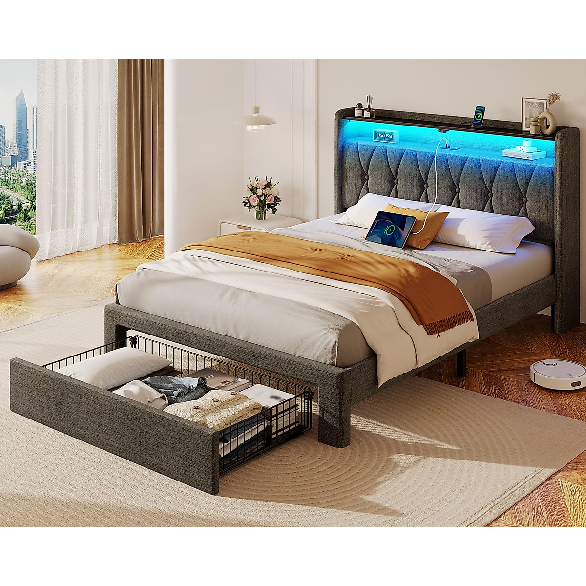 Rolanstar Twin Bed Frame with Drawer, Storage Headboard with Charging Station and LED Lights, Upholstered Bed with Heavy Duty Wood Slats, No Box Spring Needed, Noise Free, Easy Assembly, Dark Grey