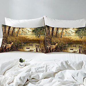 Feelyou Cute Deer Bedding Set King Size Deer Hunting Bedding Duvet Cover Set Antlers Mallard Duck Wild Animal Wild Duck Hunting Fall Tree Lake Comforter Cover Set Yellow Bedspread Cover(No Comforter)