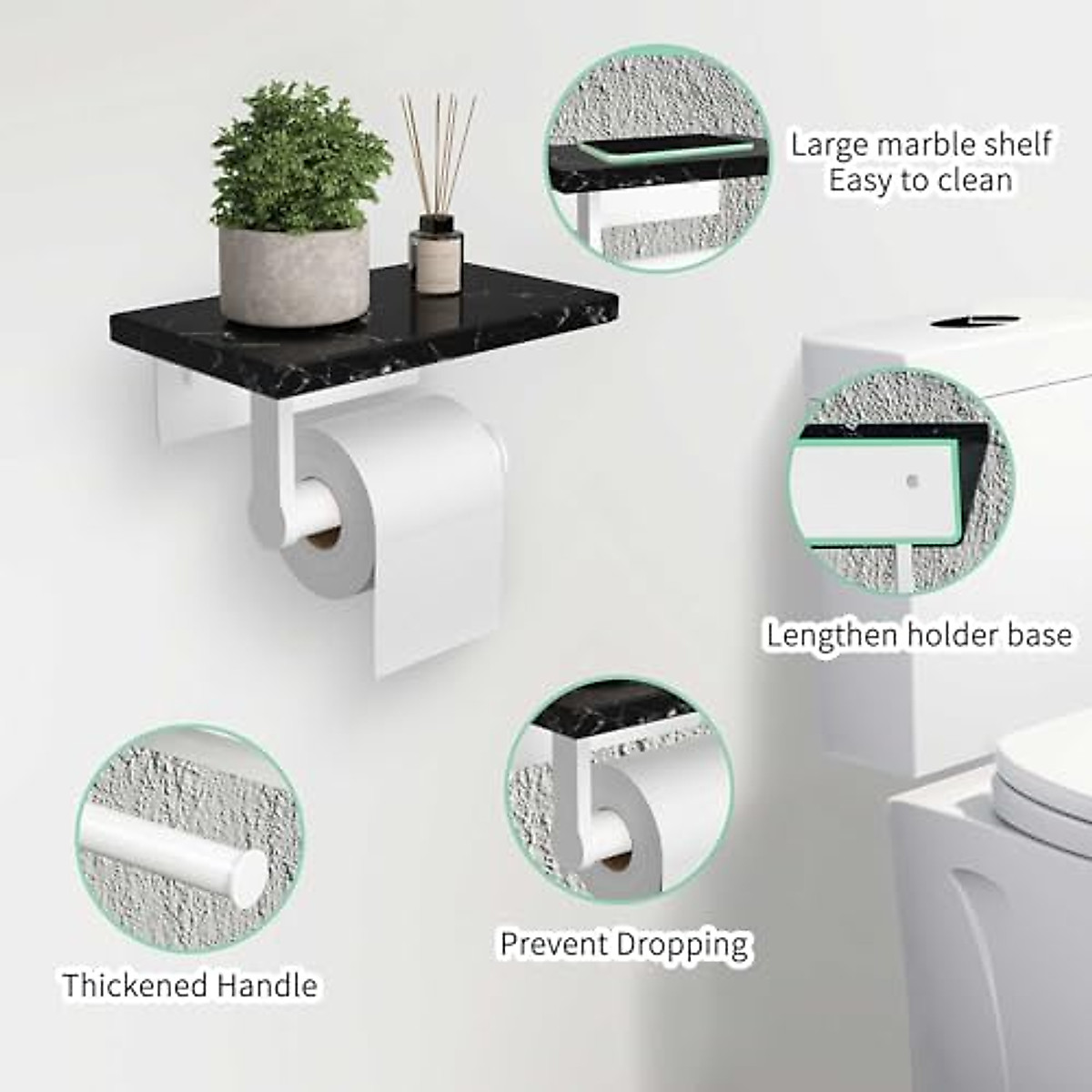 Toilet Paper Holder with Shelf，Wall Mounted Black Toilet Paper Holder，Marble Tissue Roll Holder for Bathroom Washroom(Middle 7.87 * 4.72 in)