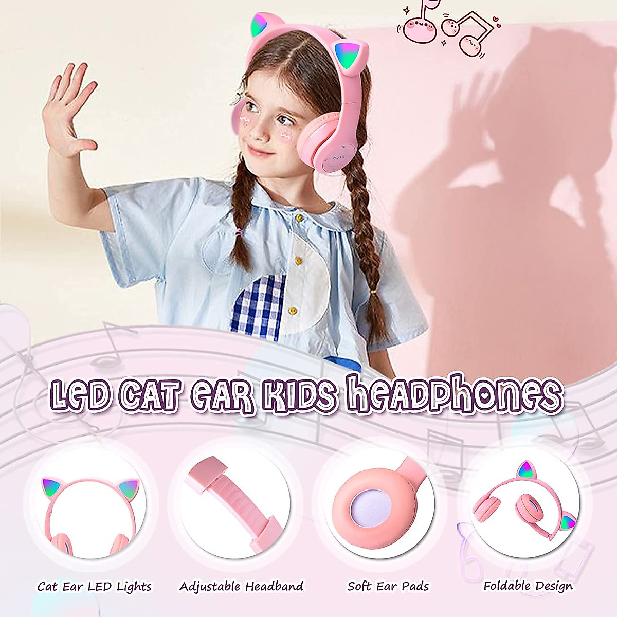 Bluetooth Cat Ear Kids Headphones with Mic, arVin Wireless/Wired Foldable Over-Ear Headset with Led Light UP & 85db Volume Limited for School, Online Learning, Boys, Girls, Children, Tablet, iPad & PC