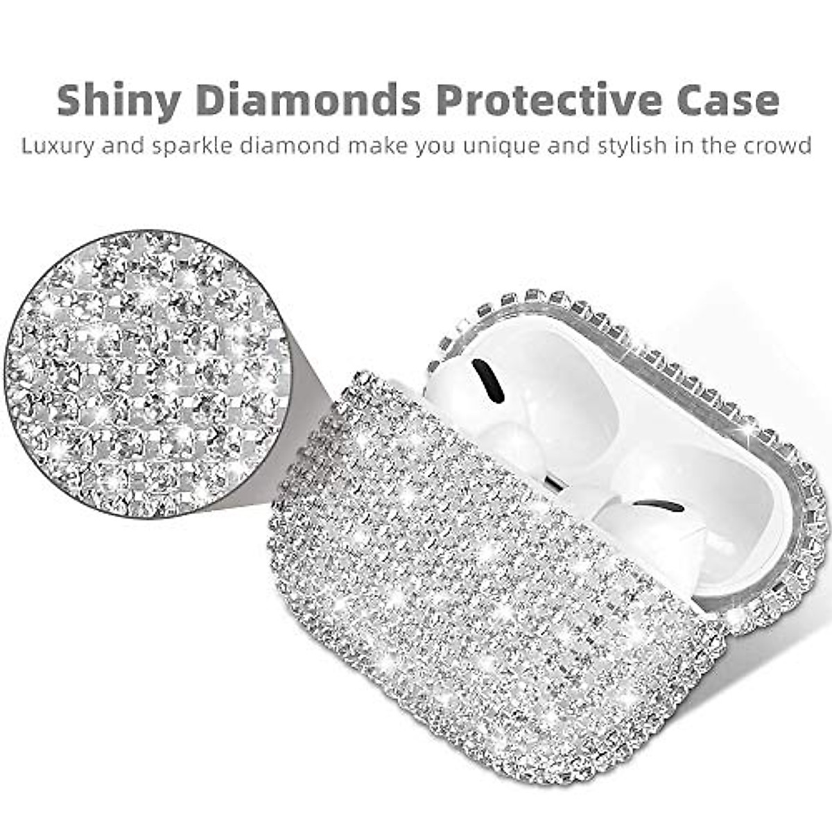 Luxurious Shining Rhinestone Diamante Apple AirPods Pro Case, Bling Sparkle Protective Cover Carrying Mickey Ball Keychain for Airpods Pro,Shockproof Anti-Scratch Anti-dust (Silver)