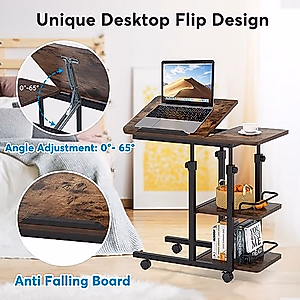 Tribesigns Height Adjustable C Table with Storage, Mobile Couch Snack Side Table with Tiltable Drawing Board, Sofa Bedside Table Laptop Rolling Cart for Bedroom, Living Room (Rustic Brown)
