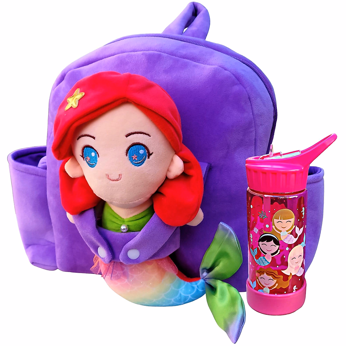Q&M Novelties Mermaid Backpack & Bottle -11.5” Roomy Preschool Kids Backpack, Toddler Mermaid Toys, Stuffed Plush Mermaid Doll Toy, Mermaid Gifts for Girls Age 3, 4, 5, 6 (Mermaid Plush - Purple)