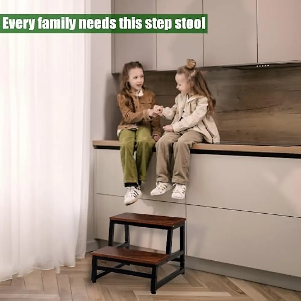 VonDream 2 Tier Step Stools for Adults with Non-Slip Stickers, Heavy Duty Bed Steps for High Beds,Kitchen Step Stool,Wide Wooden Step Stools for Kids, Step Stool for RV