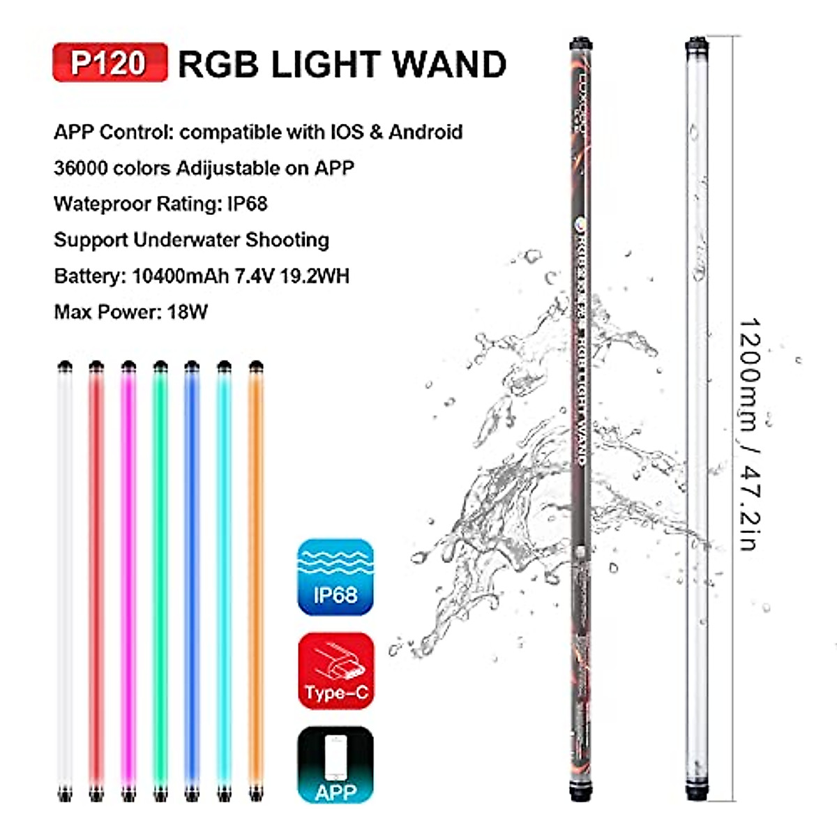 LUXCEO P120 RGB Handheld Photography Light, APP Control 1350 Lumen LED Video Light Wand 360°Full Color 12 Lighting Modes CRI≥95 IP68 Waterproof Built-in Rechargeable Battery 3000k 5750k Colorful Stick