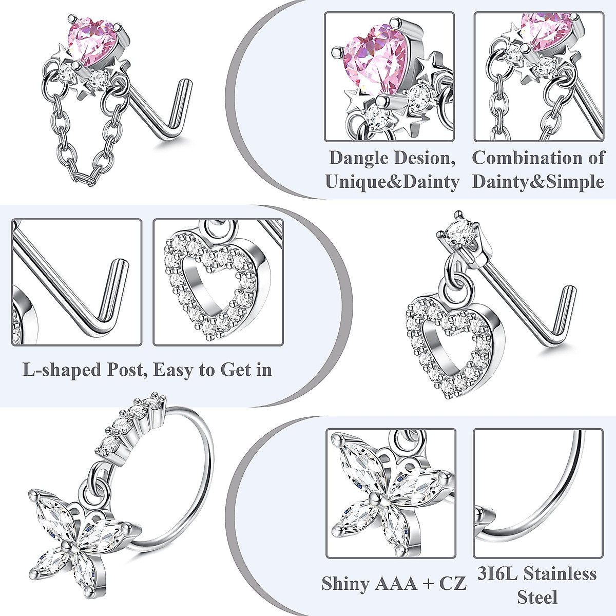 JOERICA 10 Pcs 20G Dangle Nose Rings Studs for Women 316L Stainless Steel L Shaped Nose Studs Heart Butterfly Moon Star Snowflake CZ Dangle Nose Rings Dangling Nose Piercing Jewelry