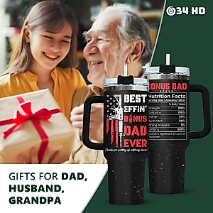 34HD Best Bonus Dad Tumbler with Handle & Straw, 40oz Vacuum Insulated Stepdad Cup with Nutrition Facts, Birthday Christmas Father Day Gifts for Adopted Stepup Dad Chosen Papa Stepfather