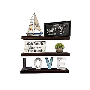 Mark One Home Goods Rustic Farmhouse 3 Tier Justified Floating Wood Shelf - Floating Wall Shelves (Set of 3), Hardware and Fasteners Included (Dark Walnut, 16")