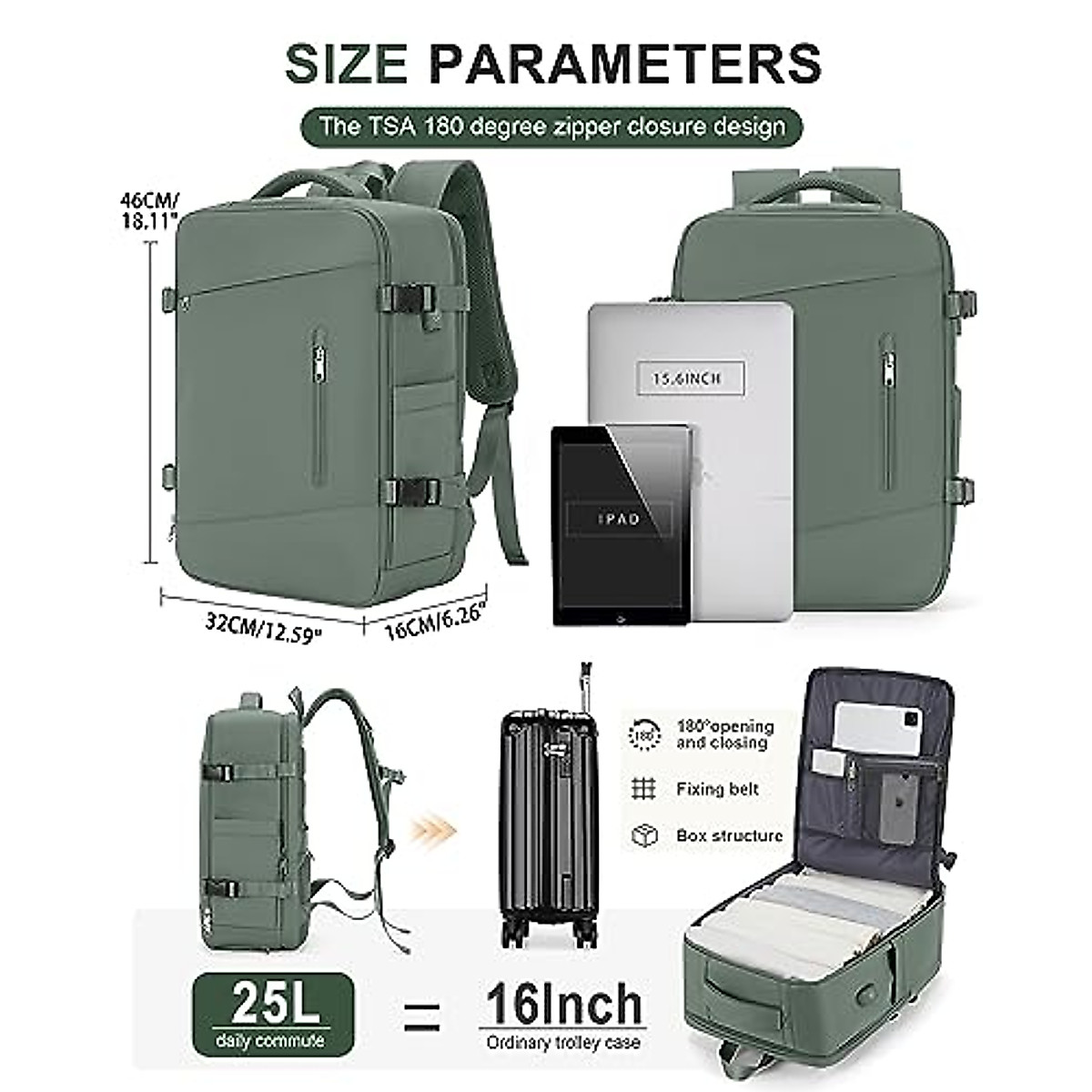 Large Travel Backpack for Women Carry On Airline Flight Approved Expandable Work Personal Item size Backpack Bag with Laptop compartment for College Men Waterproof Hiking Mochila de Viaje Green