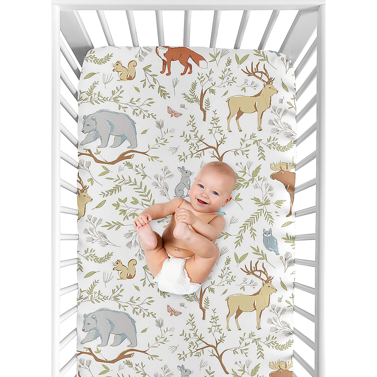 Fitted Crib Sheet for Woodland Toile Baby/Toddler Girl or Boy Bedding Set Collection - Animal Print