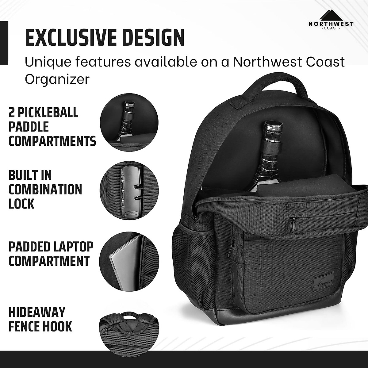Northwest Coast Pickleball Backpack with Fence Hook and Combination Lock - High Capacity for Paddles, Balls and Water Bottles(Backpack)
