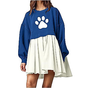 JDHUFEI Oversized Crewneck Sweatshirt Dress Women Fashion Long Sleeve Pullover Relaxed Fit Fall Sweatshirts Patchwork Dress