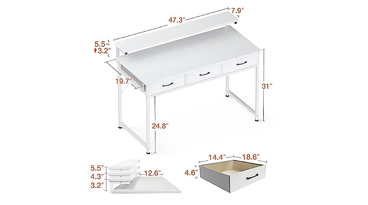 ODK 48 Inch Computer Desk with 3 Drawers & Storage