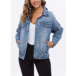 Cantonwalker Women's Oversize Vintage Washed Boyfriend Denim Jacket Long Sleeve Classic Loose Jean Trucker Jacket 003 (Light Blue Washed, L)…
