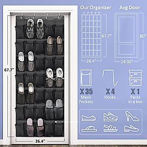 Tiblue Over The Door Shoe Organizers 35 Mesh Pockets Hanging Shoe Organizer Shoe Rack For Closet Entryway Bedroom Bathroom Pantry Shoe Holder, Men Sneakers, Women High Heeled Shoes, Flip Flops Black