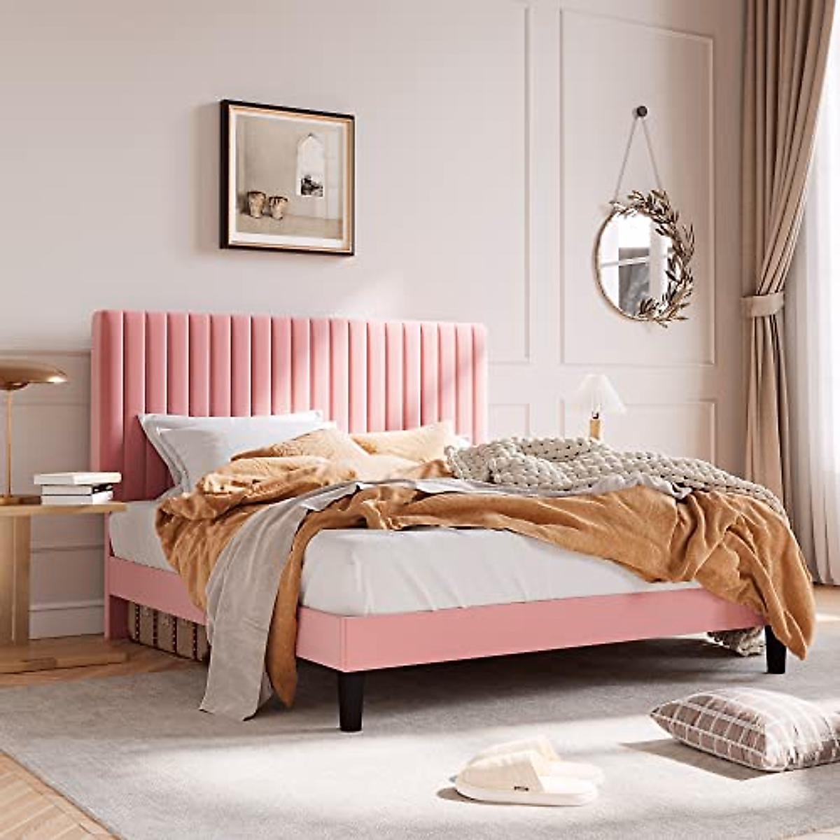 SHA CERLIN Full Size Upholstered Platform Bed Frame with Adjustable Headboard, Vertical Channel Tufted Velvet Fabric, Wooden Slats Support, Mattress Foundation, Box Spring Optional, Pink