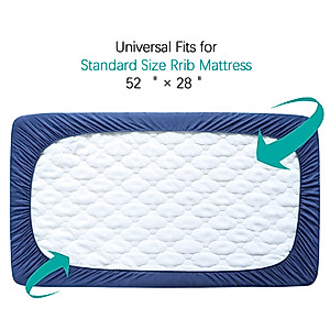 Crib Mattress Protector Sheets Fitted Waterproof Crib Mattress Pad Cover, Noiseless & Machine Wash 100% Absorbent Crib/Toddler Mattress Protector Sheet Quilted, Navy, 52" x 28"