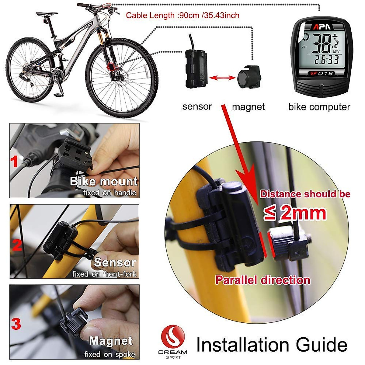 DREAM SPORT Bike Computer Bicycle Speedometer and Odometer 16-Function Wired Bike Computer Waterproof DCY016 Black