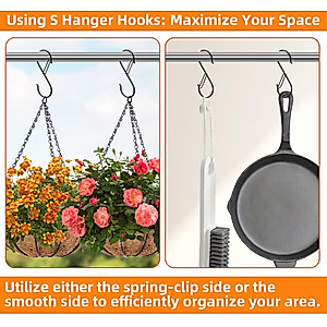 8 Pack S Hooks - 3.5 Inch Heavy Duty S Hooks for Hanging, Small Metal Hooks with Safety Buckle, Max Weight 40 lbs, S Hooks for Hanging Plants, Closet, Clothes, Kitchen, Garden, Indoor Outdoor Black