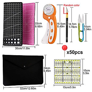 45 mm Rotary Cutter Set with Storage Bag, A4 Self Healing Cutting Mat, Acrylic Ruler, 7 Pcs Replacement Blades, Sewing Pins, Craft Knife Set and Craft Clips, Ideal for Sewing, Crafting, Patchworking