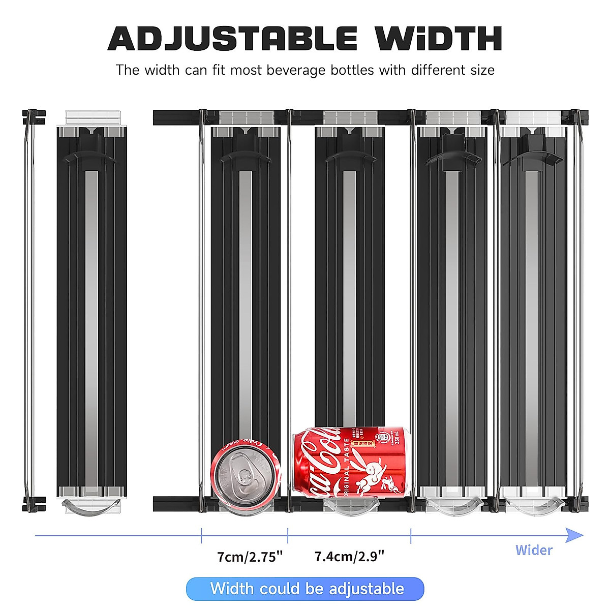 Upgrade Drink Organizer for Fridge, LAKIX Self-Sliding soda Can Dispenser for Refrigerator and Adjustable Width, 12oz to 20oz holds 50+ Cans (White + Black)