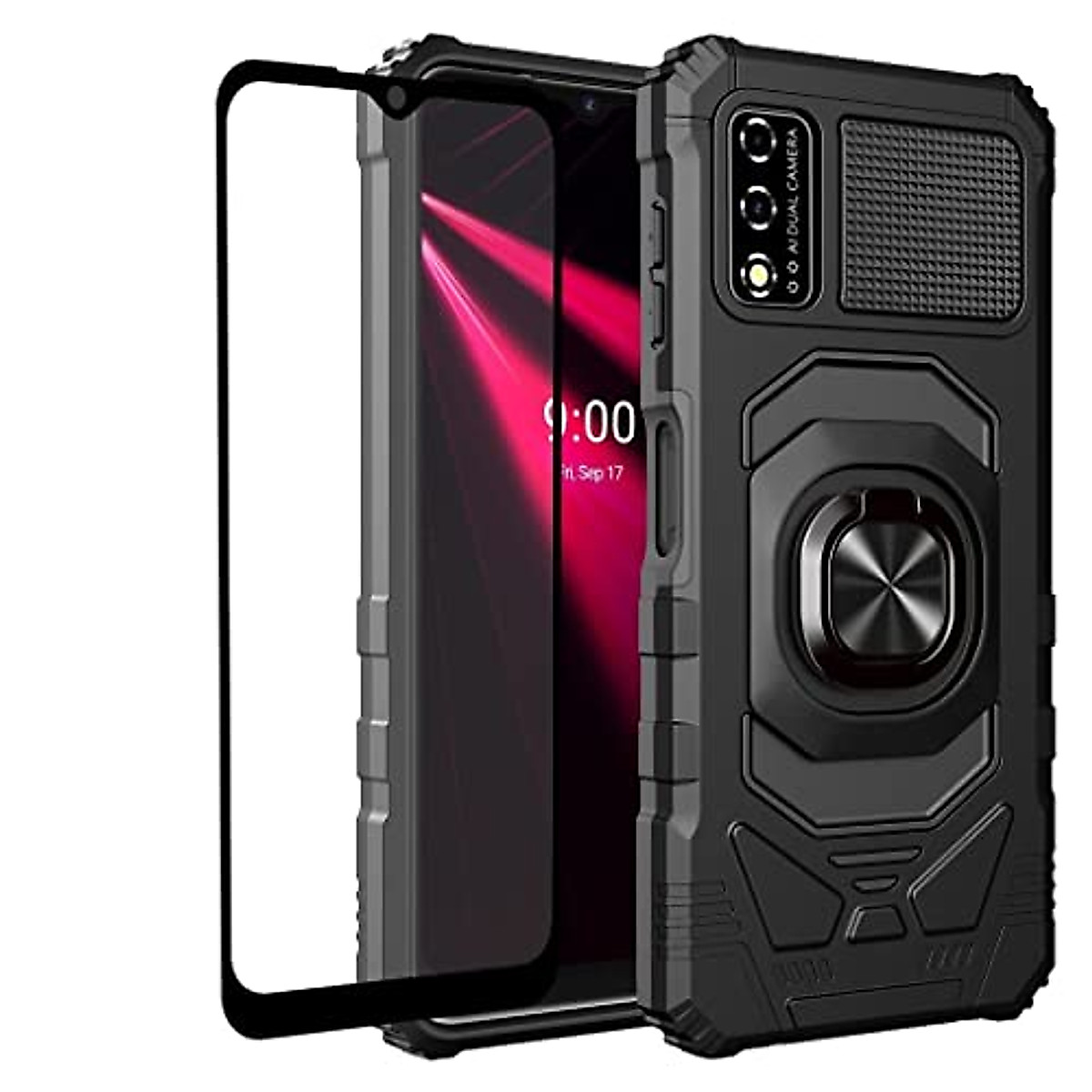 spycase Case Compatible for T-Mobile REVVL V Case w/Tempered Glass Screen Protector [Military Grade] Ring Car Mount Kickstand Shockproof Hard Phone Case - Black
