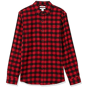 Amazon Essentials Men's Flannel Shirts Long Sleeve, Slim-Fit Button Down Plaid, Black Red Buffalo Plaid, Large