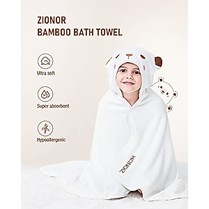 ZIONOR Bamboo Hooded Towel for Kids - 35'' x 50'' Extra Large Bath Towels for Kids 3-10 Yrs, Premium Soft Towels for Boys Girls, Ultra Absorbent and Hypoallergenic (White, Bear)