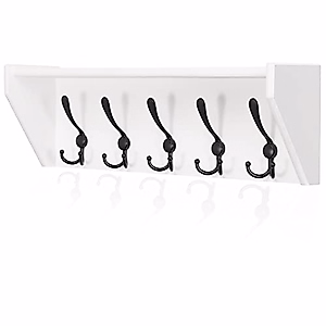 Dseap Wall Shelf with 5 Tri Hooks, 24" Heavy Duty Coat Rack Wall Mount with Shelf, Shelf with Hooks Underneath for Entryway, Mudroom, Kitchen, Bathroom, White & Black,D02ZT24WHT1