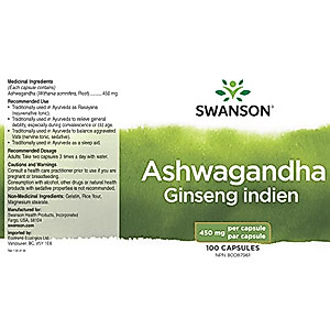 Swanson Ashwagandha Powder Supplement-Ashwagandha Root & Aerial Parts Supplement Promoting Stress Relief & Energy Support-Ayurvedic Supplement for Natural Wellness (100 Capsules, 450mg Each)