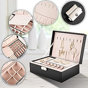 SYCARON 2023 Upgraded Jewelry Organizer Box for Women Girls, Large Travel Jewellry Organizer Case 2 Layer PU Leather Soft Lining with Lock for Rings Earrings Necklace Bracelets, Black