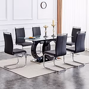 Ebullient Glass Dining Table Set for 6 ，7 Piece Dining Table Set,Tempered Glass Table Top，Modern Dining Room Table with 6 PU Leather Ergonomic Dining Chairs