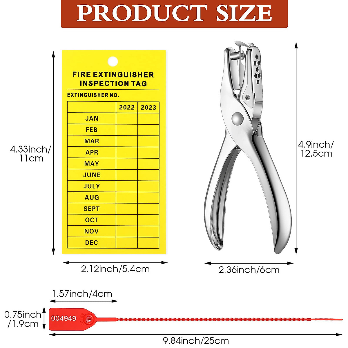 101 Pieces Monthly Fire Extinguisher Inspection Tags 2023 Maintenance Tags and Plastic Tamper Seals Numbered Security Tags with Handheld Hole Puncher (Red, Yellow, 4.33 x 2.13 Inch)