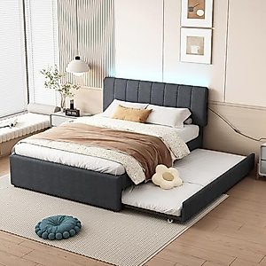 YOPTO Full Size Upholstered Platform Bed with Twin Size Trundle & USB Port,Linen Tufted Bed Frame W/Remote Control LED Light & Stripe Headboard,Wood Slats Support for Bedroom,Apartment,Dark Gray