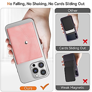 Hoerrye Magnetic Phone Wallet,3 Card Holder Hold Up to 7 Cards [Safe Rope] [Cash Clip] [RFID Blocking Protection] Magsafe Leather Wallet for iPhone 12/13/14 Series, Pink