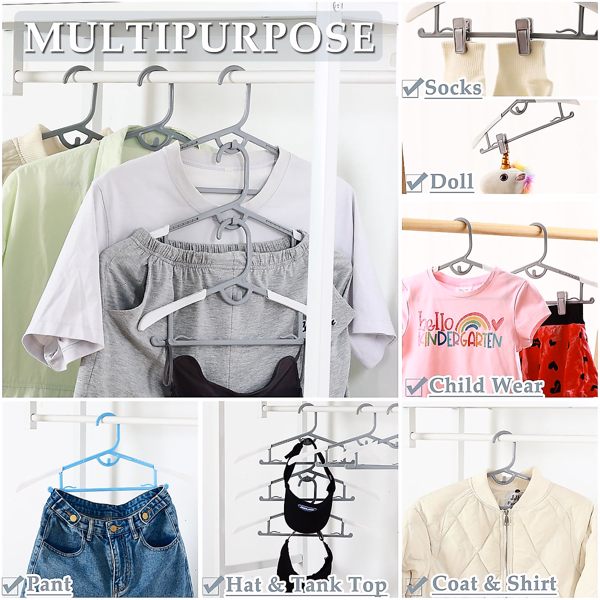 40 Kids Hangers with Clips Adjustable Hangers Grey Baby Hangers for Clothes Non Slip Childrens Hangers Toddler Hangers Kids Extendable Hanger with Hook Stackable Plastic Hangers with 20 Hanger Clips